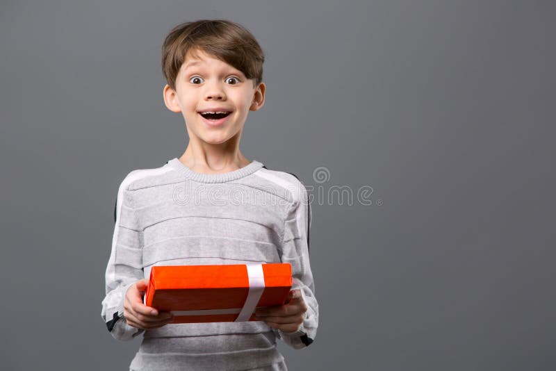 Joyful Nice Boy Being Happy about the Present Stock Photo - Image of ...