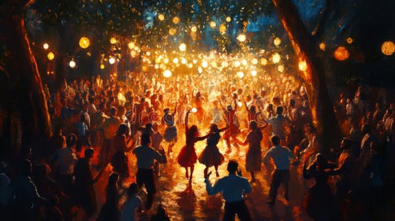 Joyful Nighttime Celebration with Glowing Lanterns and Dancing Crowd ...