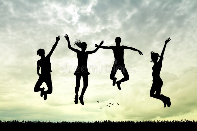 Joyful People Jumping at Sunset Stock Illustration - Illustration of ...