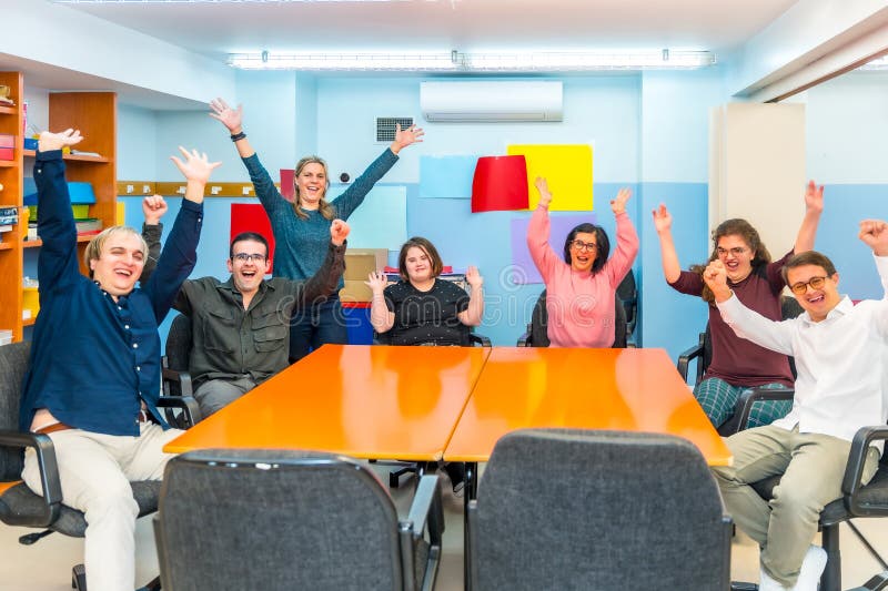Joyful People with Special Needs in a Class with Teacher Stock Photo ...