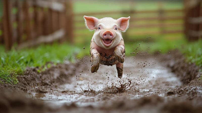 Joyful Piglet Leaping through Muddy Path on Farm. 2031 Year Pig ...
