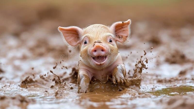 Joyful Piglet Playing in Muddy Puddle Outdoors. 2031 Year Pig According ...