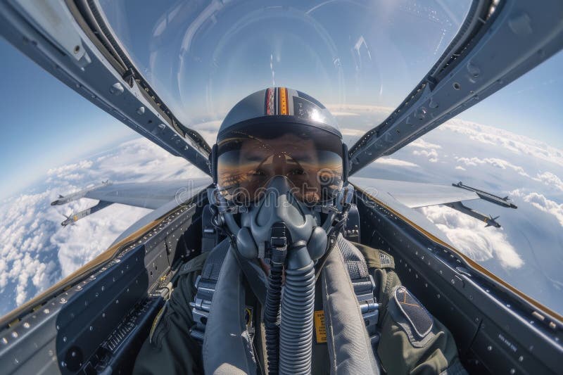 Joyful Pilot in the Cockpit during Fighter Jet Takeoff Against a Clear ...