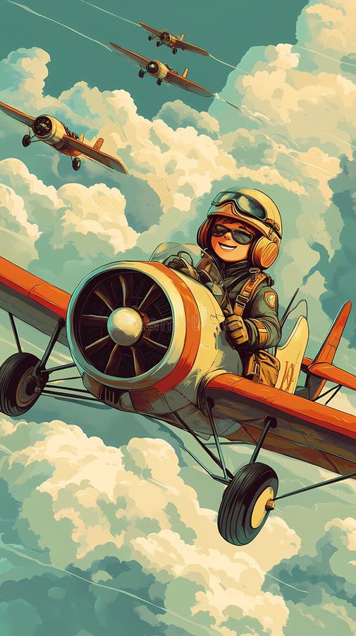 A Joyful Pilot Flying a Vintage Biplane through a Bright, Cloud-filled ...