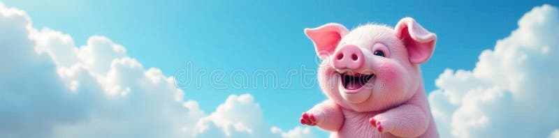 Joyful Pink Pig Soars, Fluffy Clouds, Bright Blue Sky, Playful ...