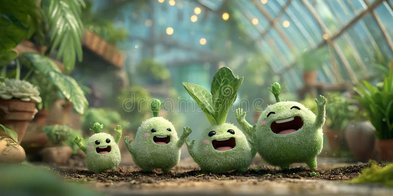Joyful Plant Creatures Greenhouse Setting Vibrant Green Tones CGI Animation Stock Illustration ...