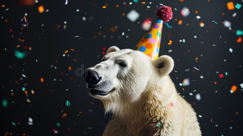 Joyful Polar Bear Celebrating with a Colorful Party Hat Under Falling ...