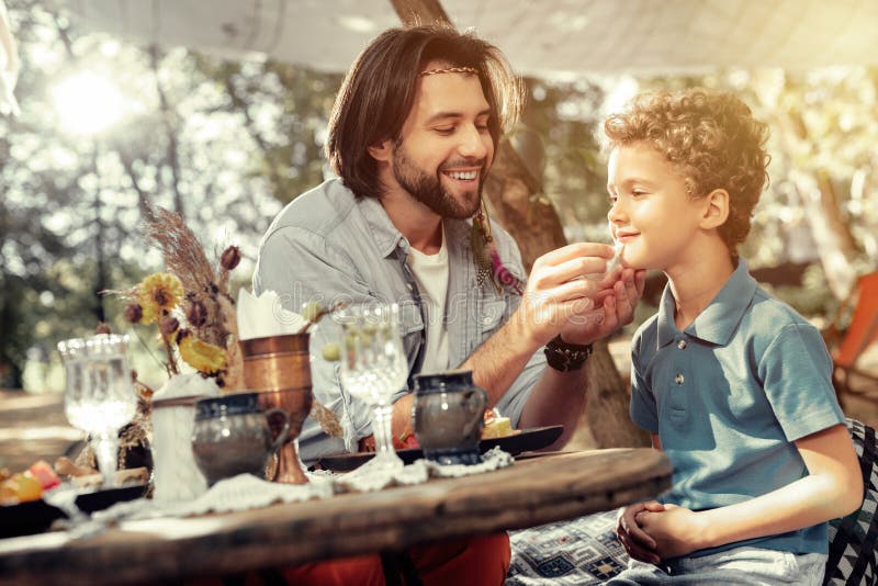 Joyful Positive Man Caring about His Young Son Stock Image - Image of ...