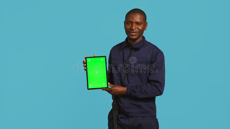 Joyful Private Law Enforcement Worker Presenting Chroma Key Tablet ...