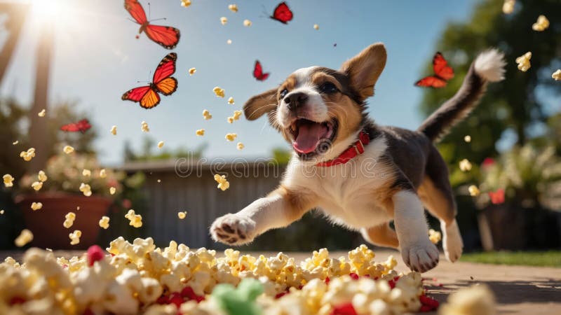 Joyful Beagle Puppy Leaping through Popcorn and Butterflies Stock ...