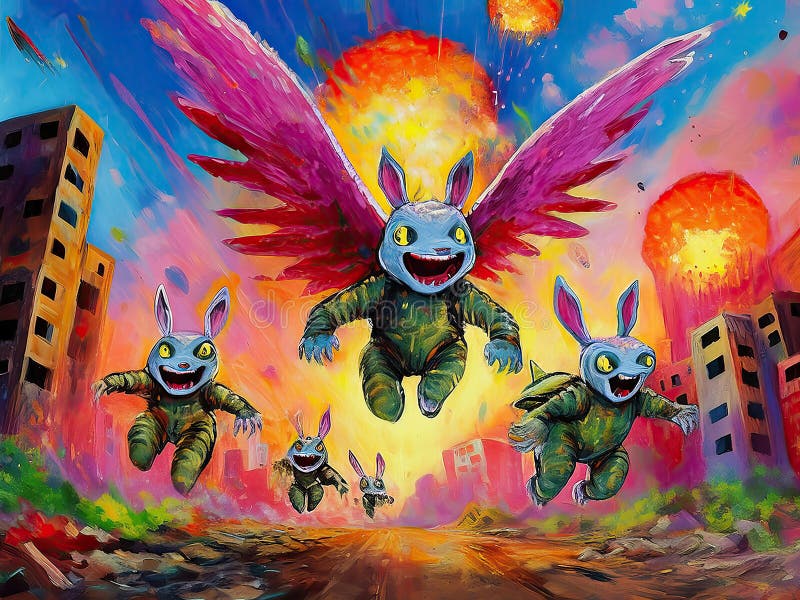 Winged Rabbits Over Exploding City Stock Illustration - Illustration of ...