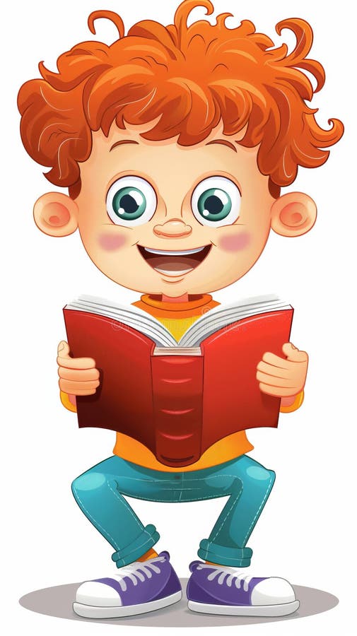 Joyful Redheaded Boy Reading a Book with Enthusiasm and Big Smile Stock ...