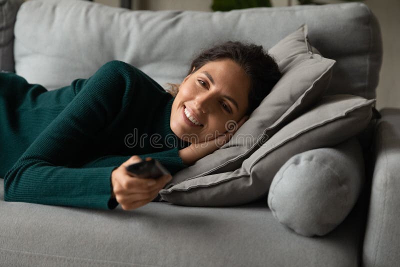 Joyful Relaxed Woman Watching Television Alone at Home. Stock Image ...