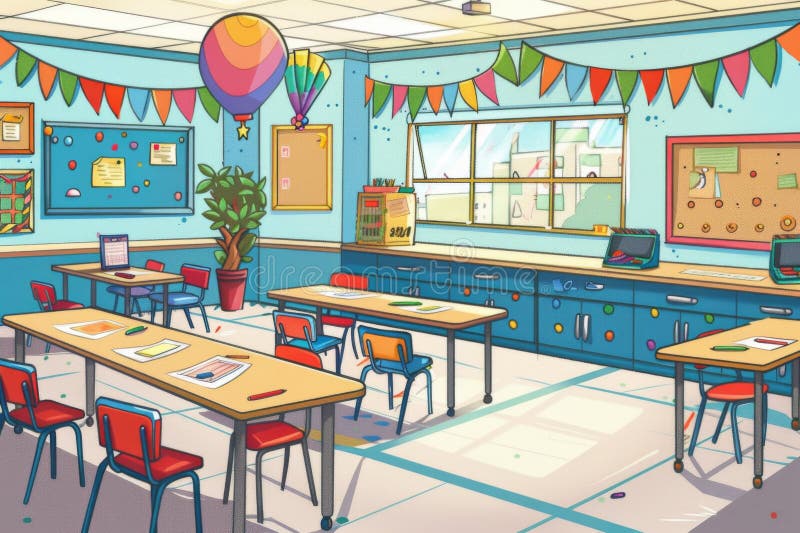 Joyful Reunion in a Vibrant Classroom Stock Illustration - Illustration ...