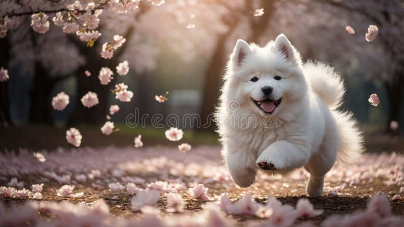 Joyful Samoyed Puppy Running through Cherry Blossoms Stock Illustration ...