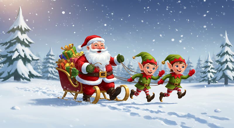 A Joyful Santa Claus and His Two Elves Dash through the Snowy Landscape ...
