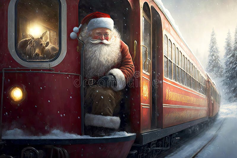 Joyful Santa Claus Rides in Polar Express Train Stock Illustration ...