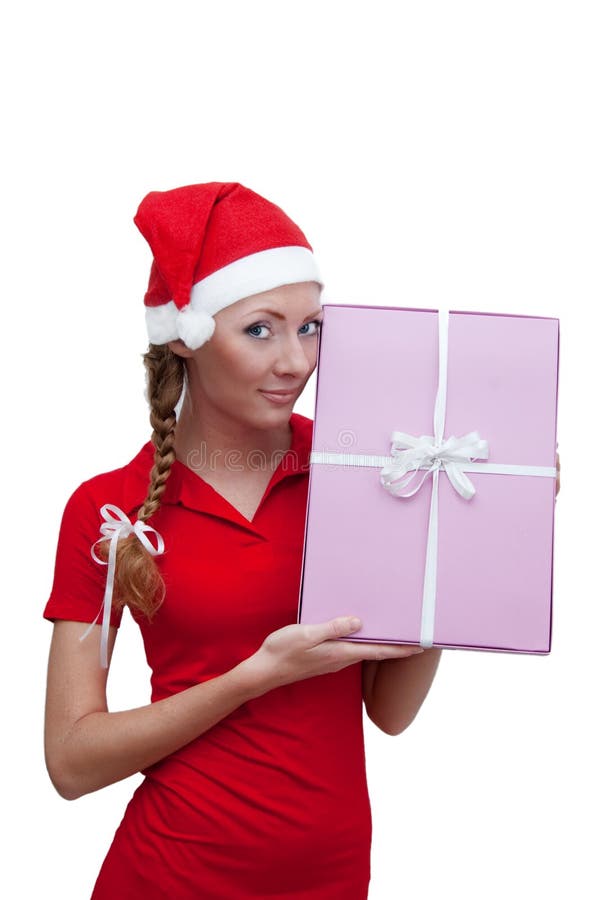 Joyful Santa Helper with Pink Present Box Stock Photo - Image of ...
