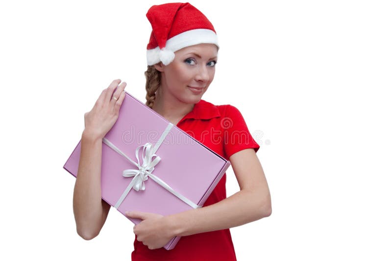Joyful Santa Helper with Pink Present Box Stock Photo - Image of pink ...