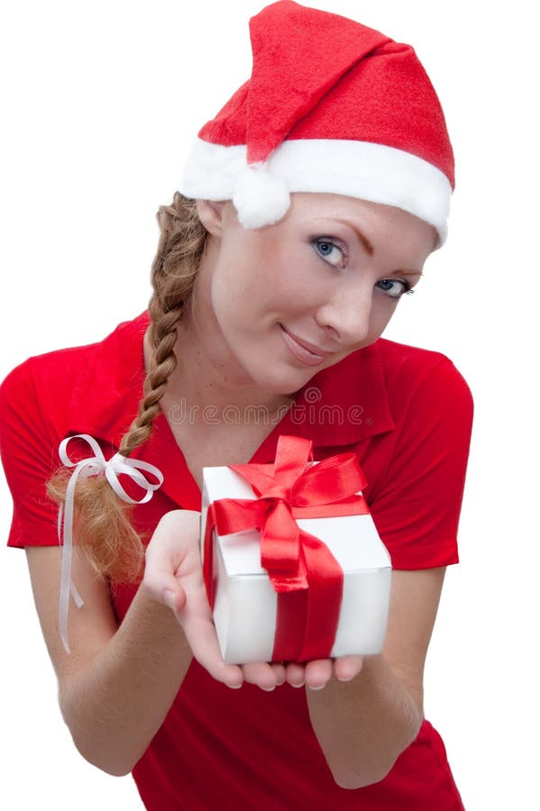 Joyful Santa Helper with Present Box Stock Image - Image of helper ...