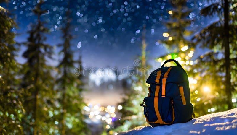 Joyful Scenic View of Backpack Standing in Forest with Tall Coniferous ...