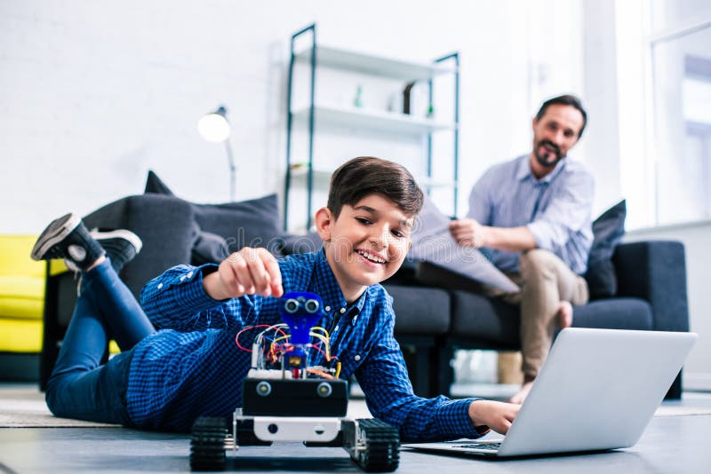 Joyful Smart Boy Learning Robotic Engineering Techniques Stock Image ...
