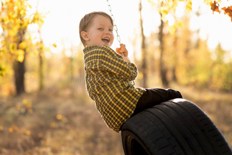 Joyful Smiling Cute Boy is Swinging on a Swing Wheel Stock Photo ...
