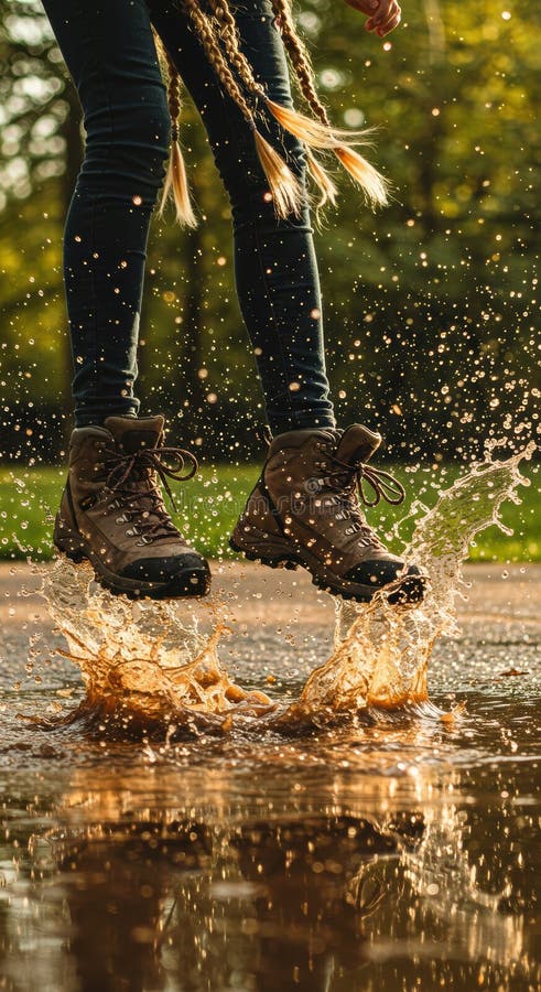 Joyful Splash: Feet in Hiking Boots Jumping in Puddle with Water ...