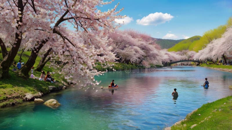Joyful Spring: People Enjoying Cherry Blossoms in Full Bloom Stock ...