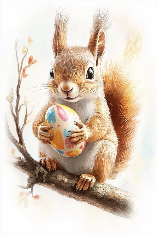A Joyful Squirrel Holds a Bright Easter Egg on a Branch, Surrounded by ...