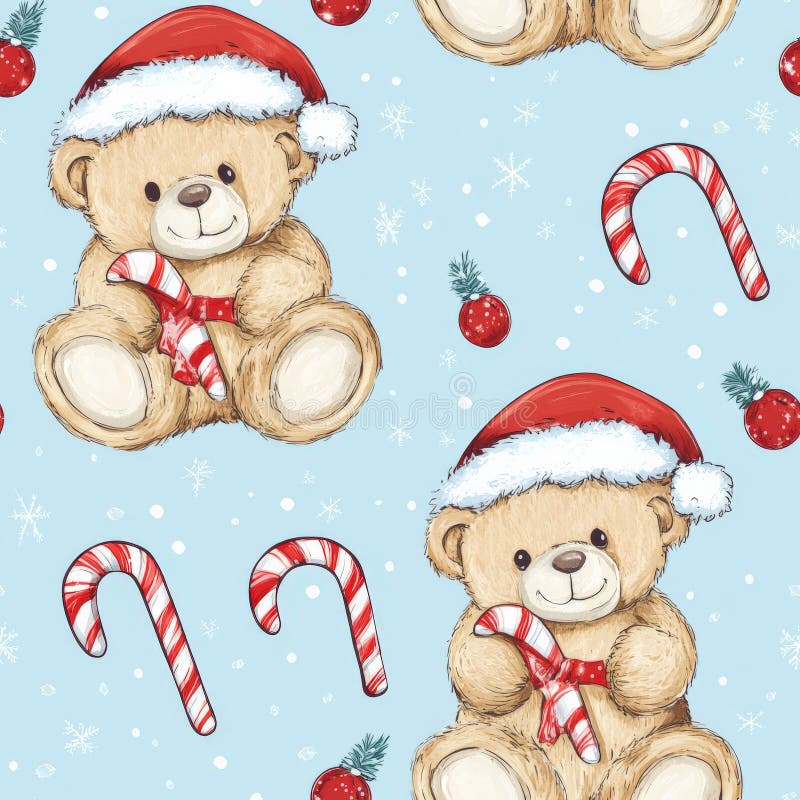 A Joyful Teddy Bear in Santa Hat Pattern with Fluffy Holiday Bears ...