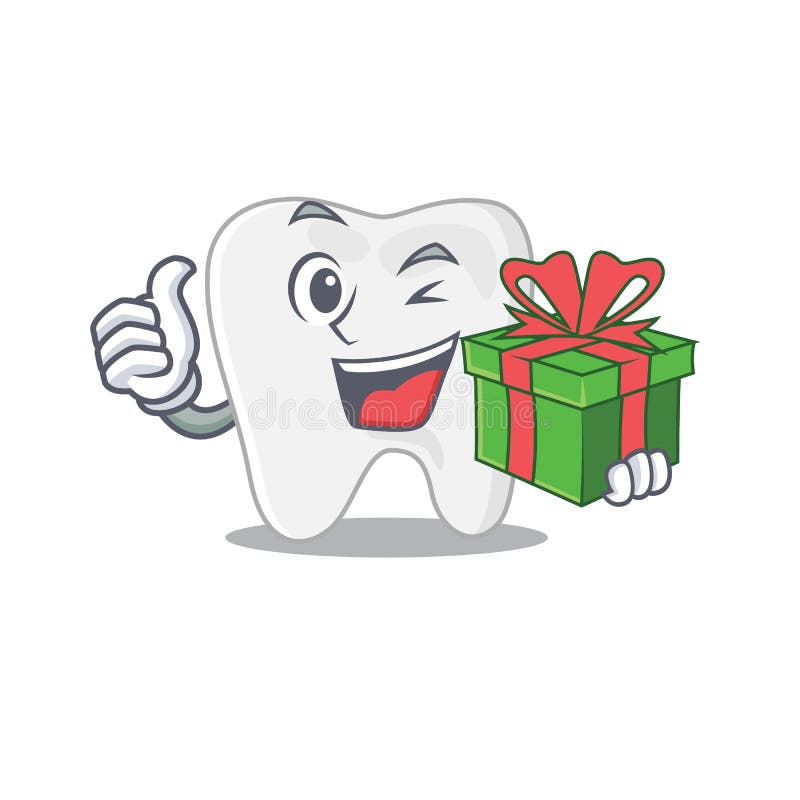 Joyful Tooth Cartoon Character with a Big Gift Box Stock Vector ...