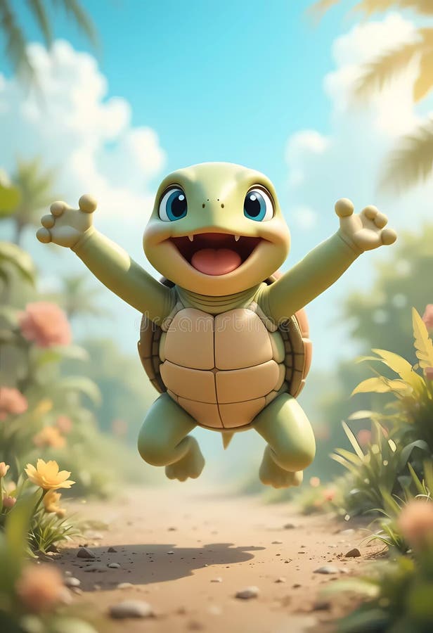 Joyful Turtle Leap: a 3D Render of a Cheerful Tortoise in a Tropical Paradise Stock Illustration ...