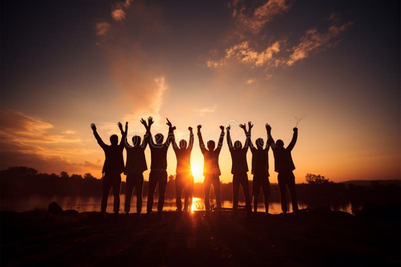Joyful Unity Silhouettes of a Team Joining Hands in the Air Stock ...