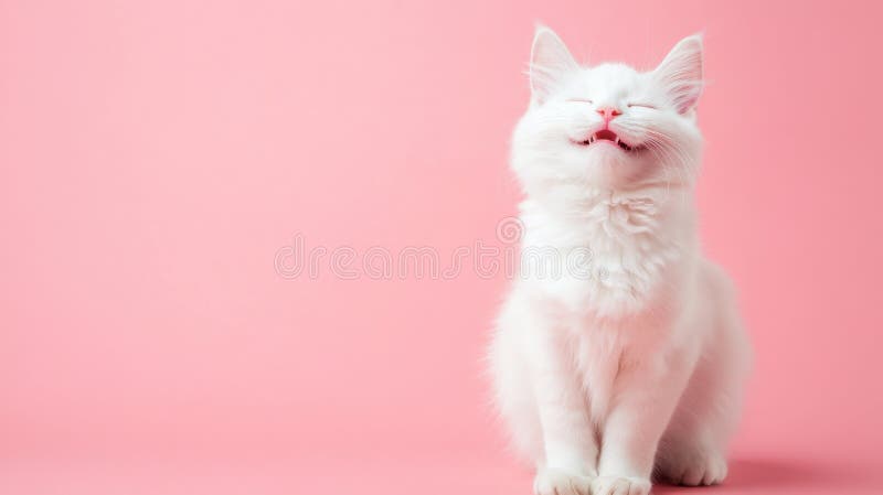 A Joyful White Cat with a Delighted Expression Sitting Against a Soft ...