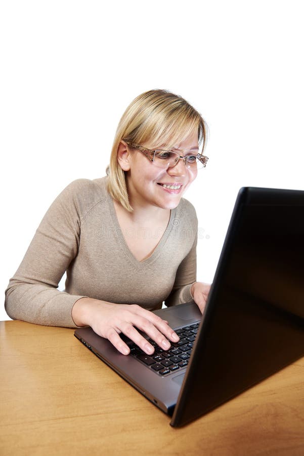 Joyful Woman Looking at Laptop Screen Stock Photo - Image of isolated ...