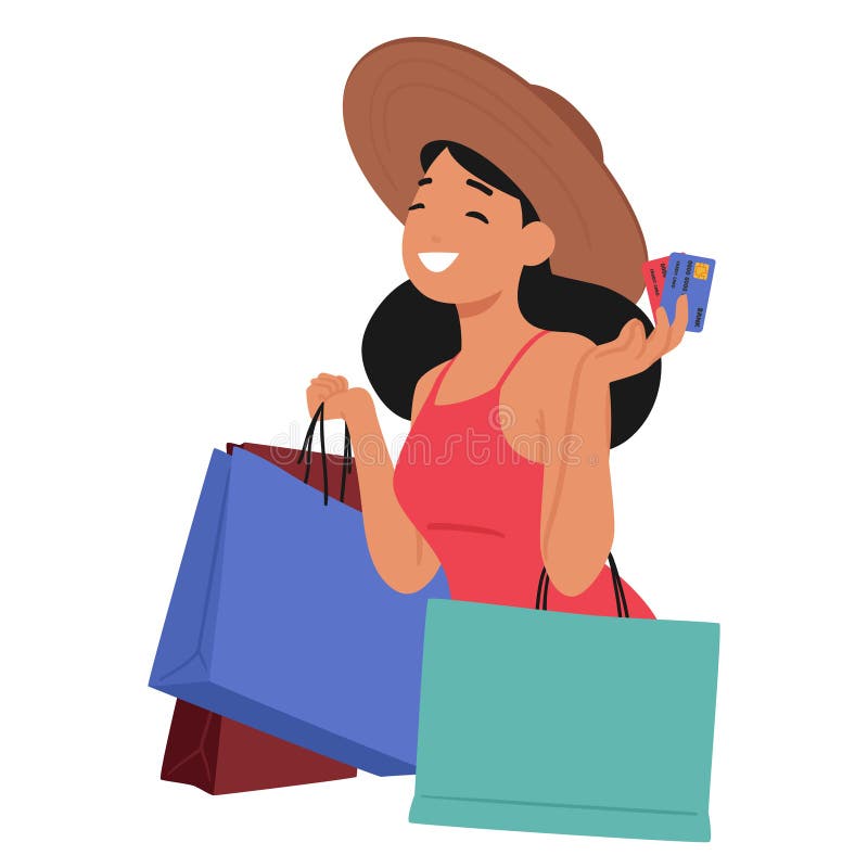 Joyful Woman Wearing Hat and Red Dress Holds Multiple Shopping Bags and ... Joyful Woman Wearing Hat and Red Dress Holds Multiple Shopping Bags and ...