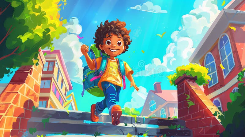 Joyful Young Boy with Backpack Walking Up Steps To School Building on ...