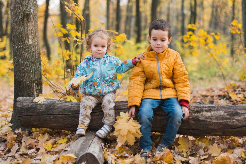 Joyfull Kids in Autumn Forest Stock Image - Image of little, young ...