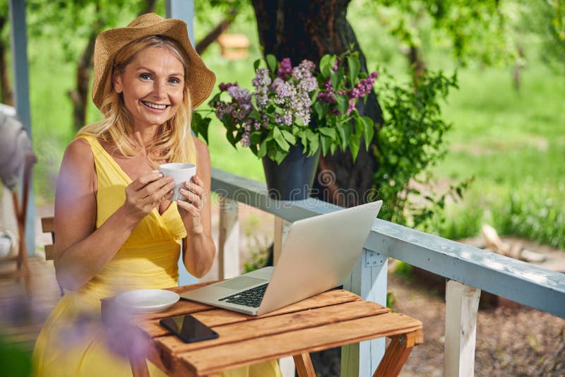 Joyous Blonde Lady Sitting at a Computer Stock Image - Image of modern ...