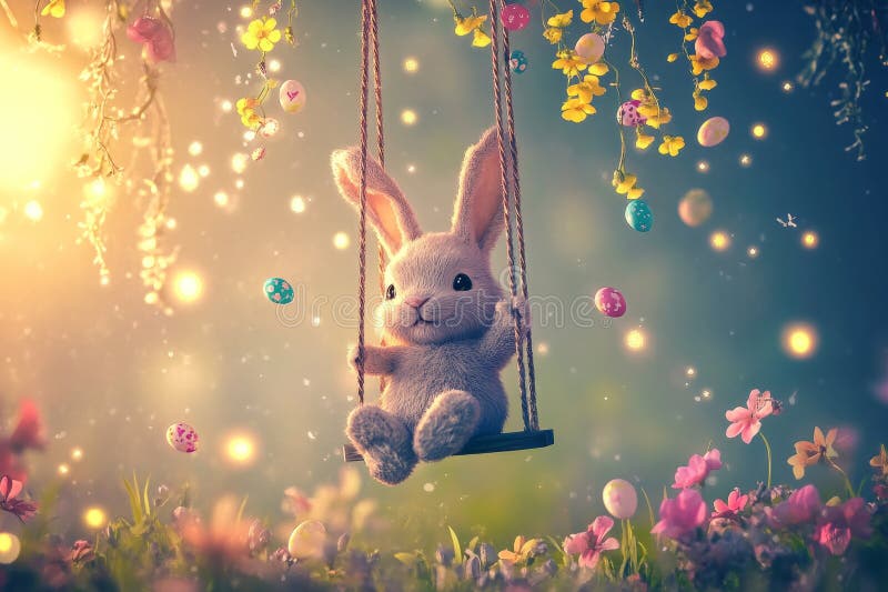 A Joyous Easter Bunny on a Swing Made of Flower Vines, Gently Swaying ...