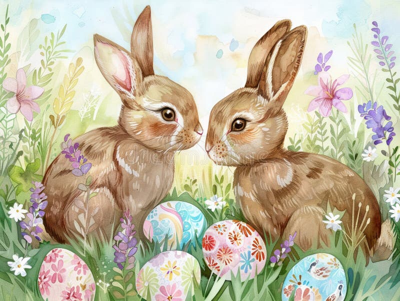 Joyous Easter Scene with Bunnies and Eggs Stock Illustration ...
