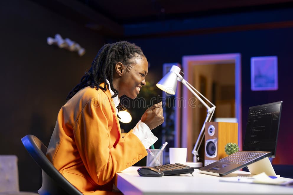 Joyous Programmer Typing Code on Laptop, Delighted after Implementing Features Stock Image ...