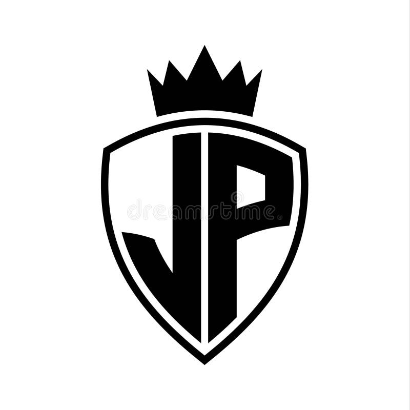 JP Letter Monogram Shield and Crown Outline Shape with Black and White ...