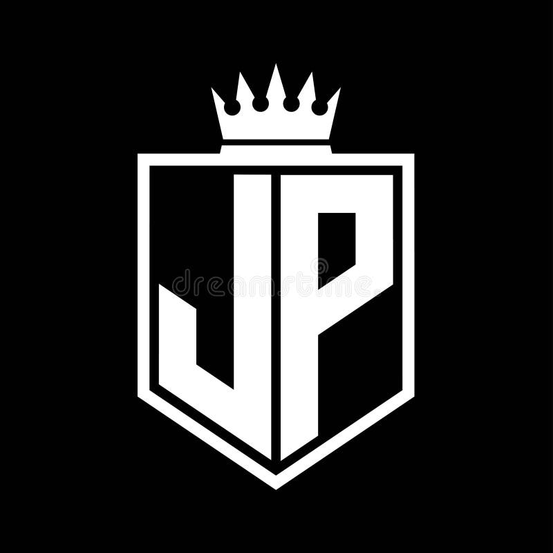 JP Logo Monogram Bold Shield Geometric Shape with Crown Outline Black ...