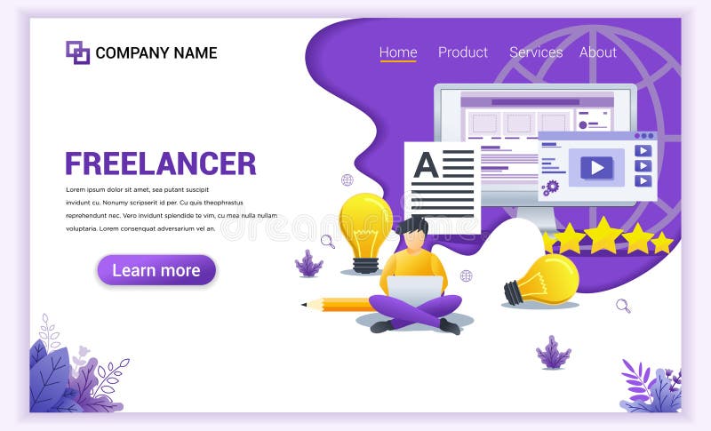 Modern Flat Design Concept of Freelancer with a Young Man Sitting Using ...