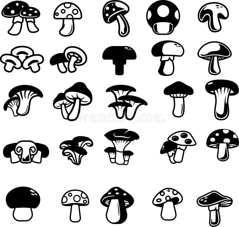 Mushroom Icons Set, Shrooms Vector Illustration and Forest Chicken ...