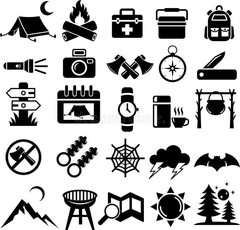 Camping Tools Icons Set, Outdoor Camper Vector Illustration and ...