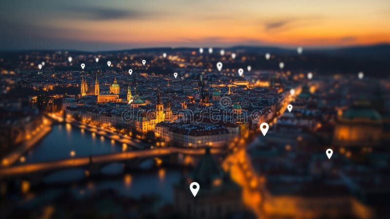 Json Aerial View of Prague Skyline at Night with Interactive Location ...