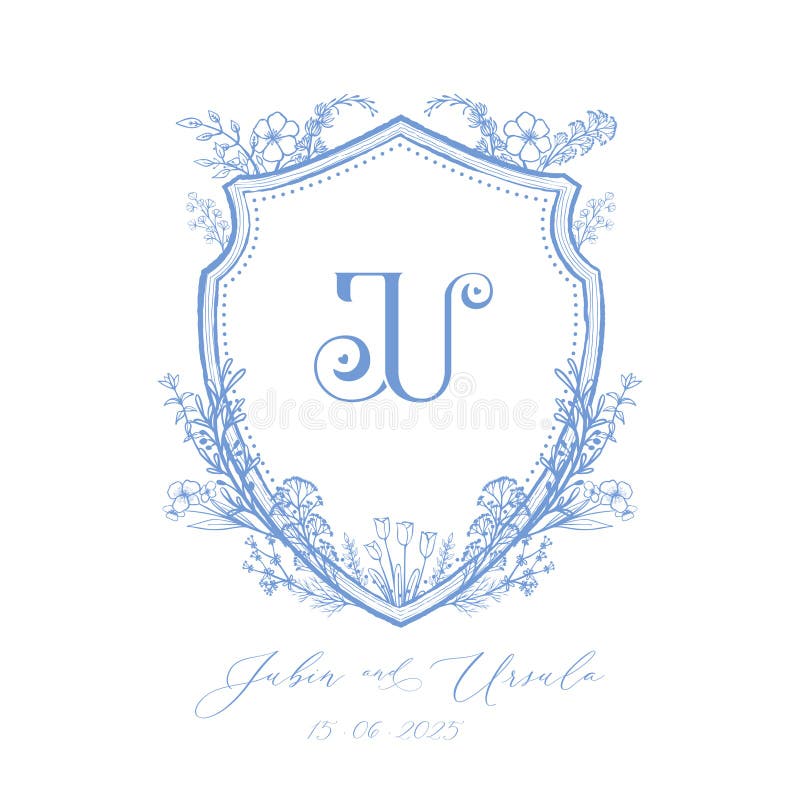 Elegant Wedding Floral Crest with J and U Initial Monogram Logo Stock ...